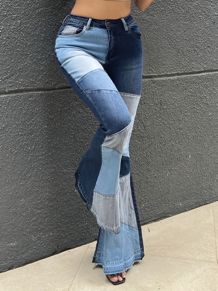 High Rise Colorblock Bell Bottom Wide Legs Flare Jeans, High Waist ...