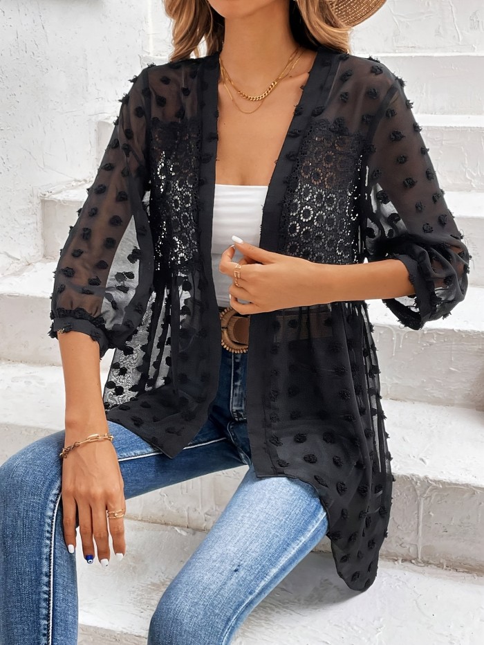 Solid Color Open Front Long Length Top, Elegant Loose Long Sleeve Swiss ...