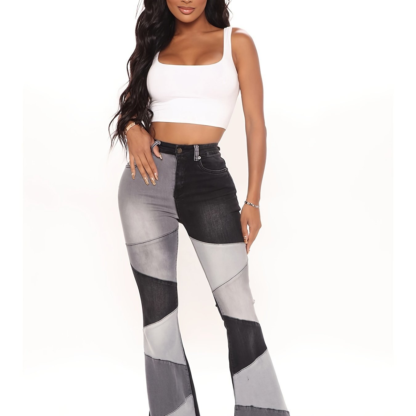 High Rise Colorblock Bell Bottom Wide Legs Flare Jeans, High Waist ...