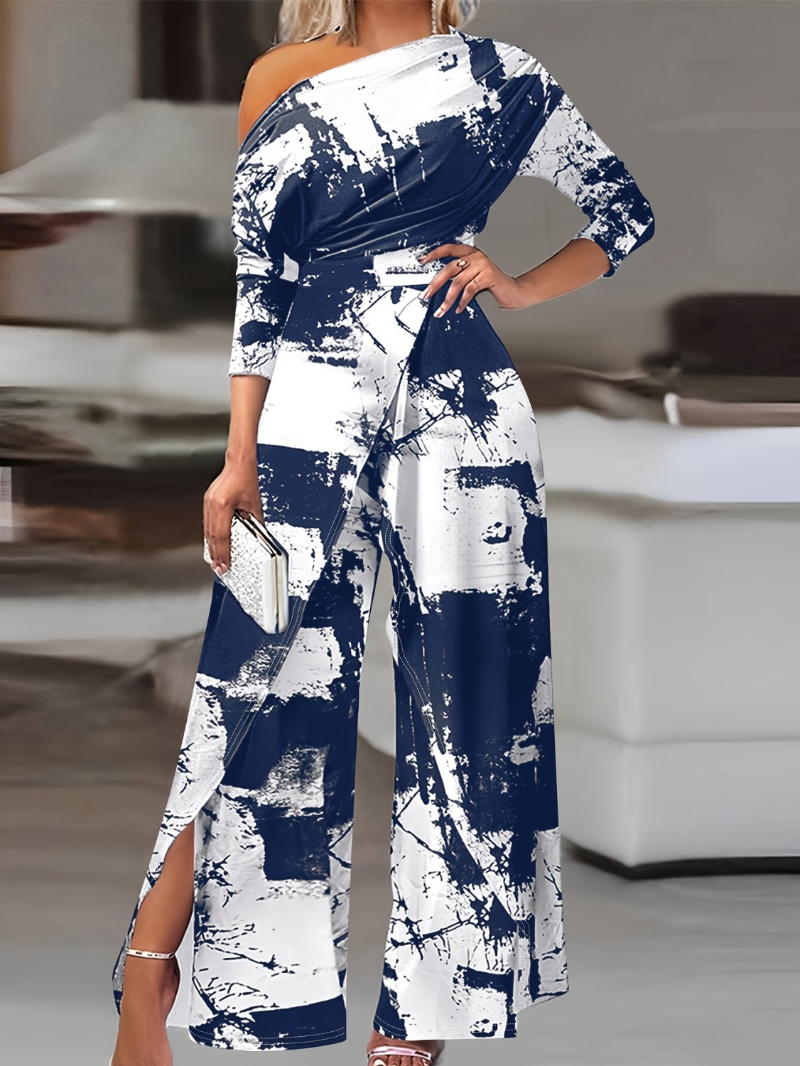 Color Block One Shoulder Jumpsuit, Elegant Split Jumpsuit For Spring ...