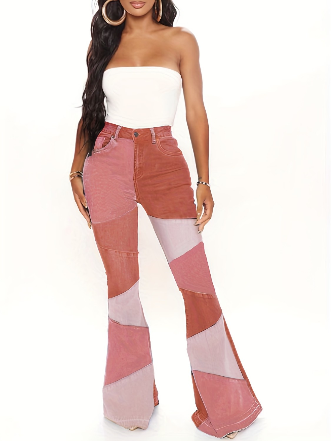 High Rise Colorblock Bell Bottom Wide Legs Flare Jeans, High Waist ...