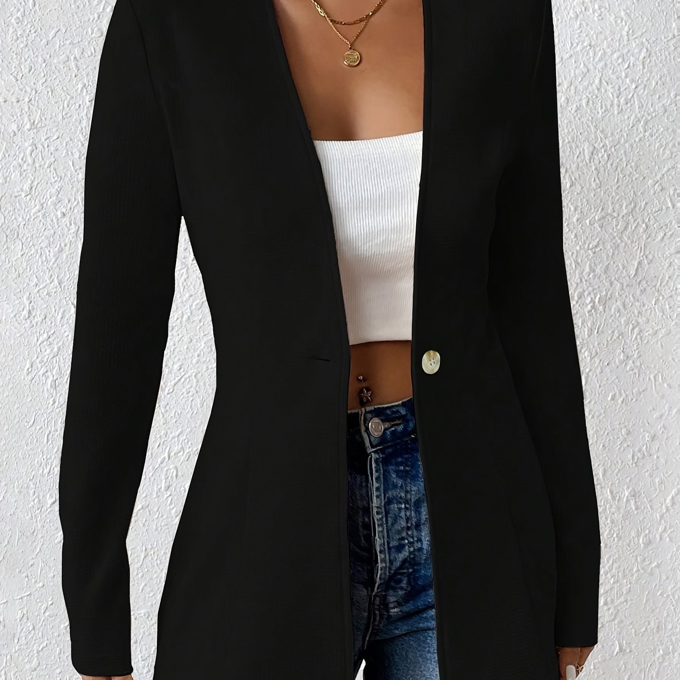 Elegant Solid Color Blazer For Women - Single Button, Long Sleeve, Open ...