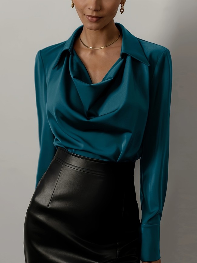 Cowl Neck Fold-Over Collar Blouse Top