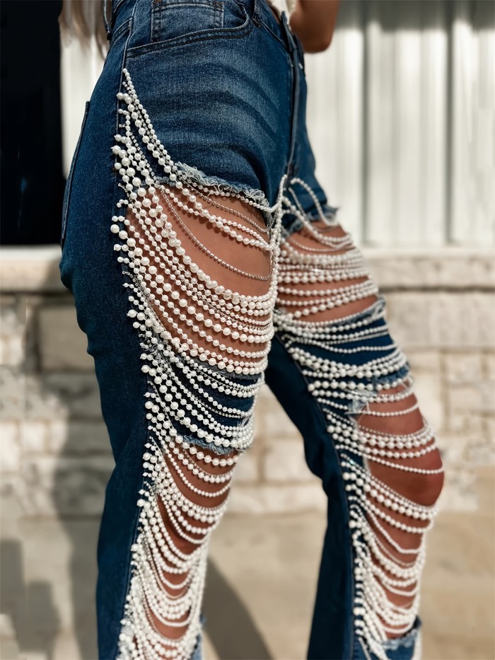 Pearl Chains Embellished Mid Waist Straight Leg Ripped Jeans For Women ...