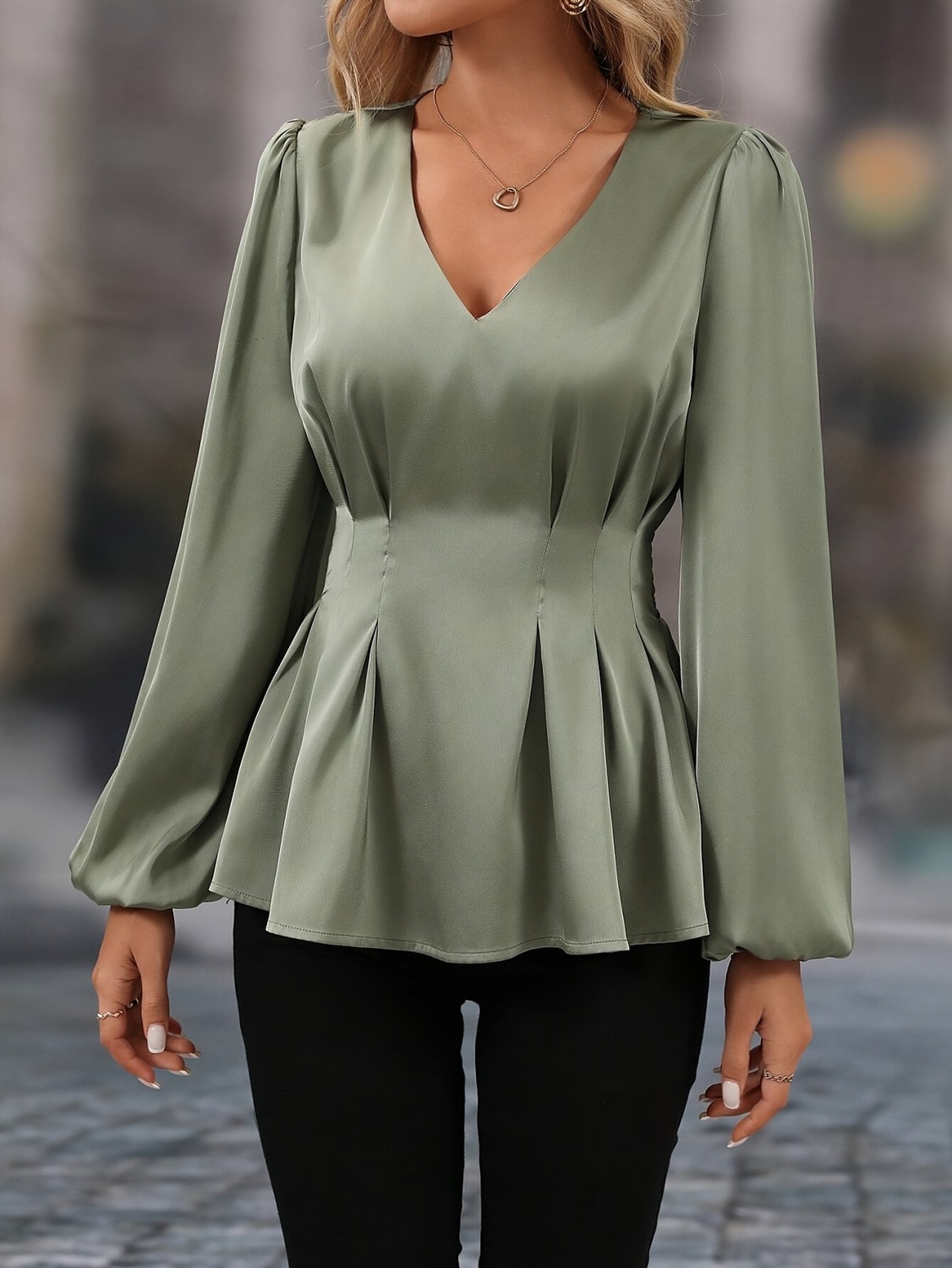 1pc Elegant V-Neck Long Sleeve Pleated Blouse, Solid Color Polyester ...