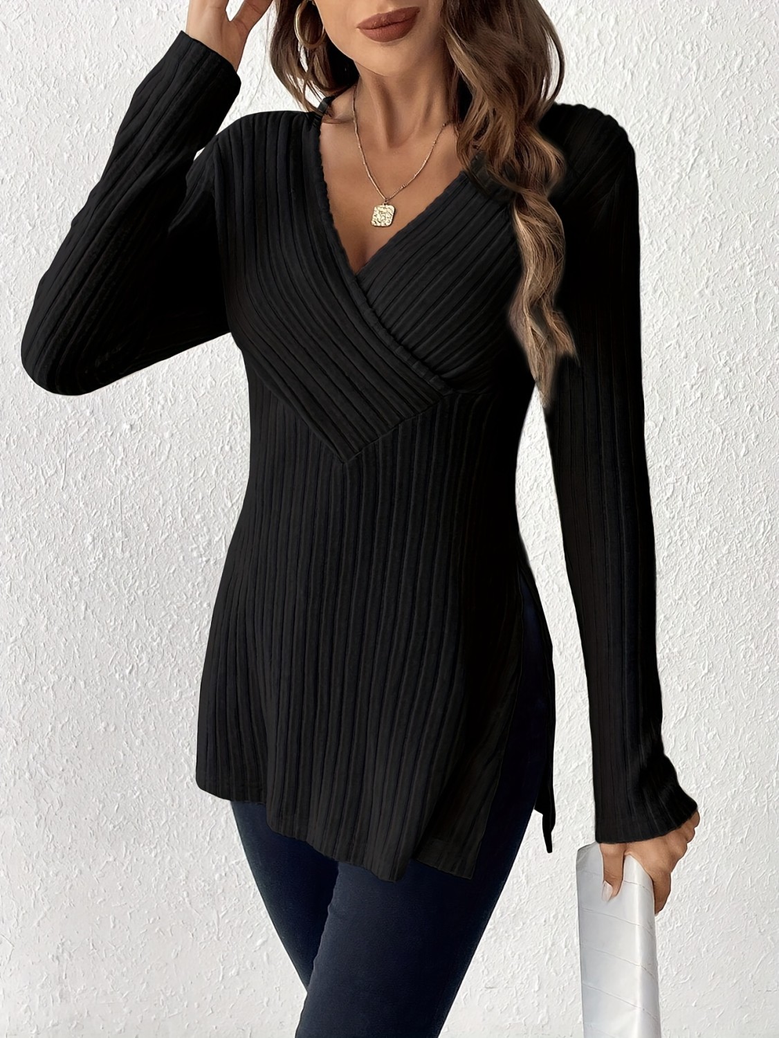 Solid Surplice Neck Split T-shirt Solid Color Surplice Neck Split Side ...