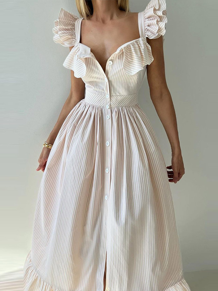 Flying Sleeves Striped Flounce Halter Dress Woman Waist Cinching Single ...
