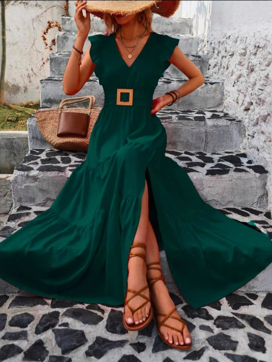 Women's Elegant A-Line Casual Formal Midi Dress with V-Neck & Slit Wais