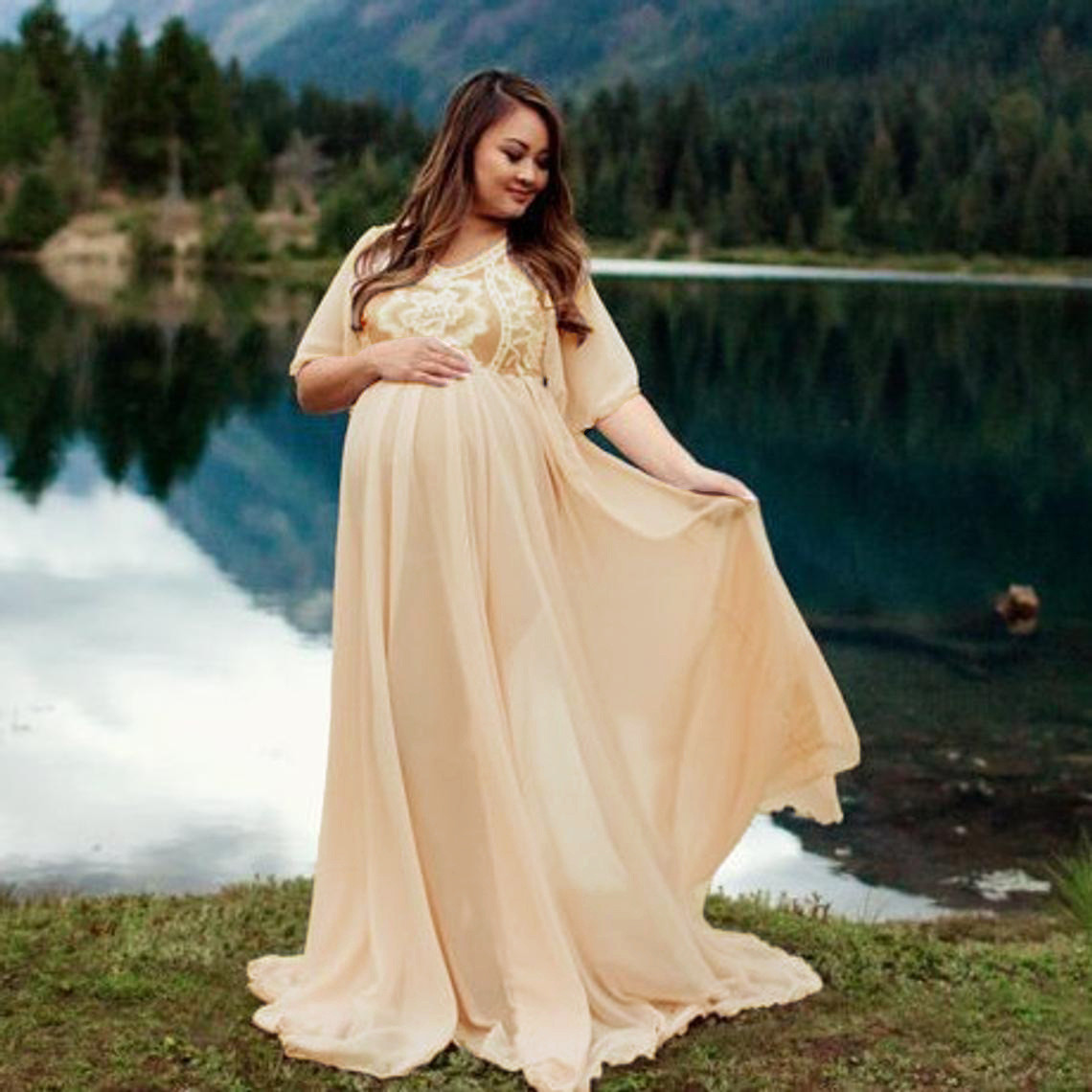 Cute Maternity Dresses Photography Props Lace Chiffon Pregnancy Dress ...