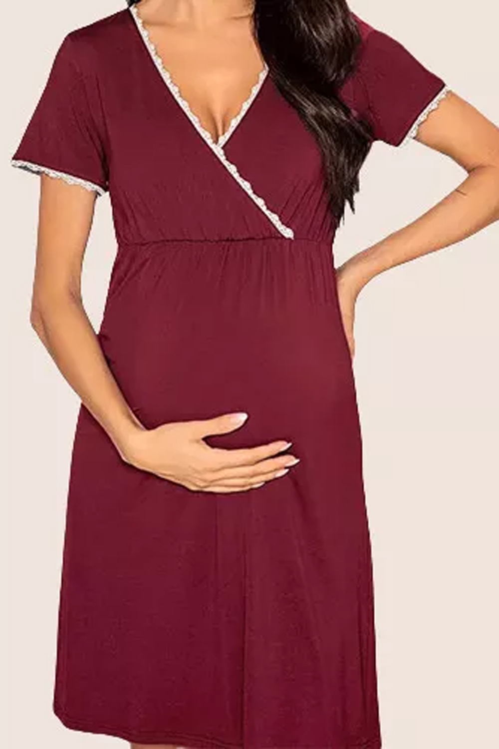 Maternity Breastfeeding Dress Clothes Pregnant Short Sleeve V Neck Lace Edge Dress Home Pajamas