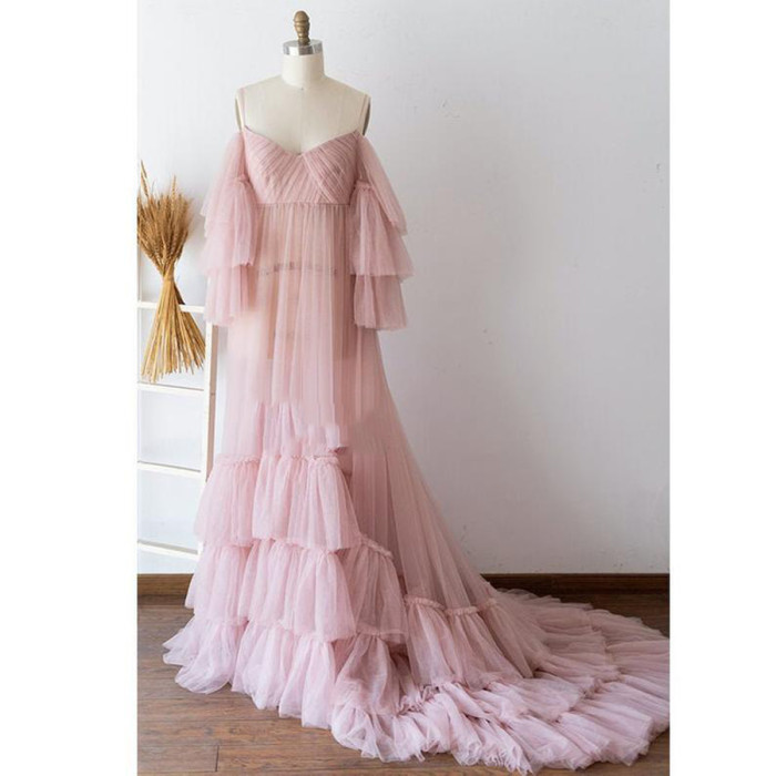 Blush Pink Sheer Tulle Gown Robe Maternity Dress for Photoshoot Layered ...