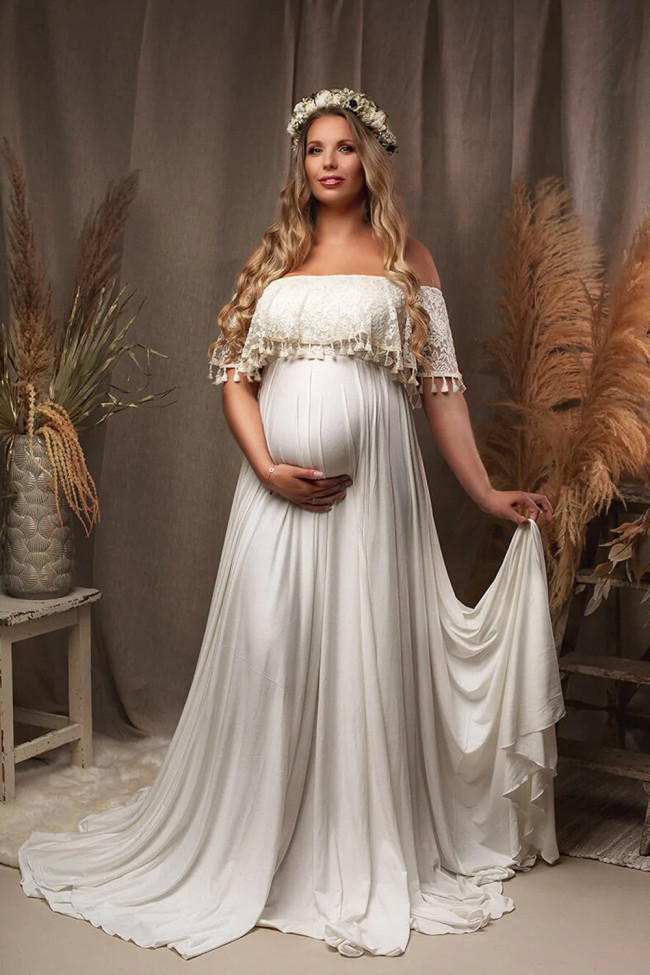 Slash Neck Boho Maternity Photo Shoot Long Dresses Jersey Ruffles ...