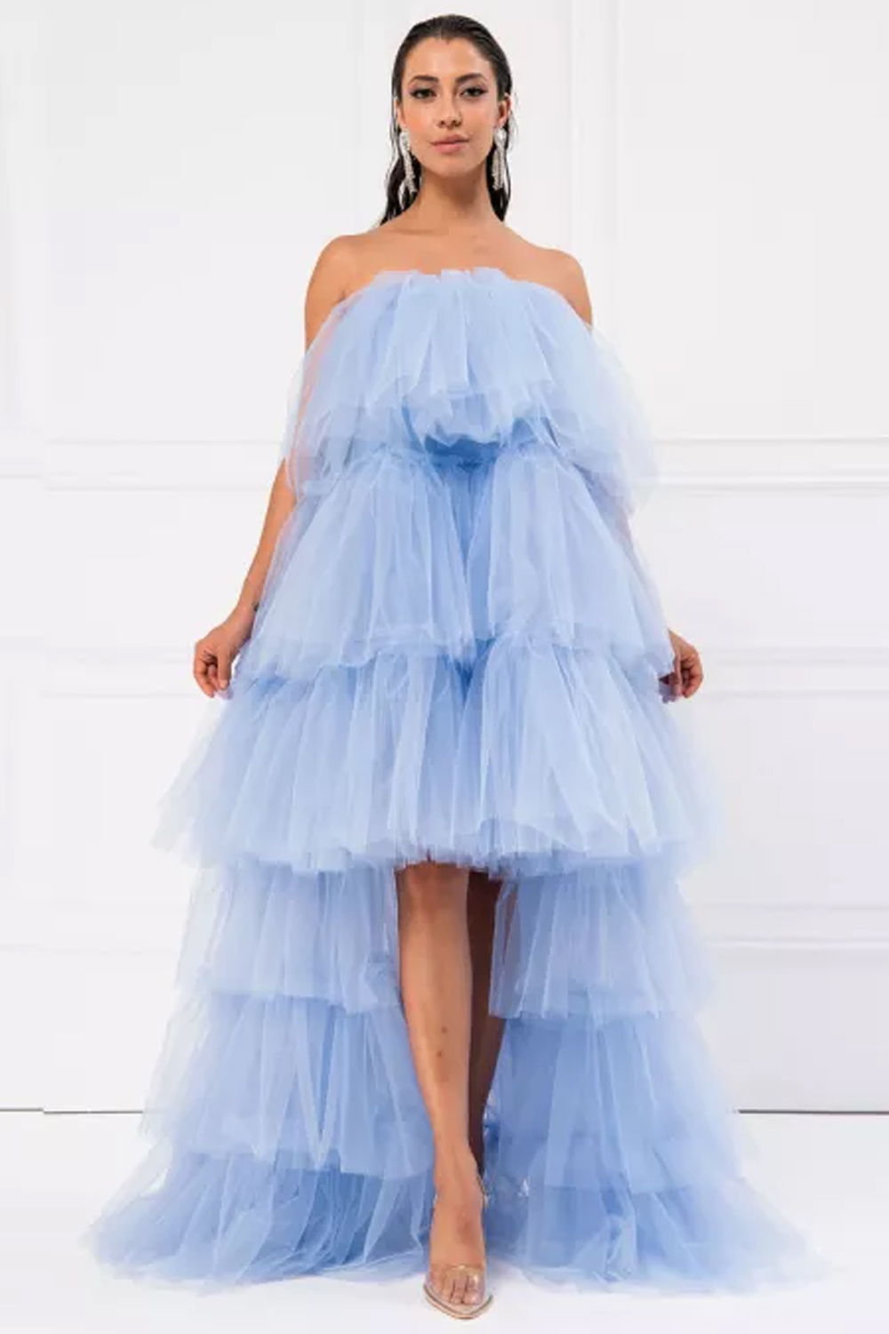 Pretty Blue Party Dresses for Women Lush Tiered Tulle Prom Gowns Formal ...