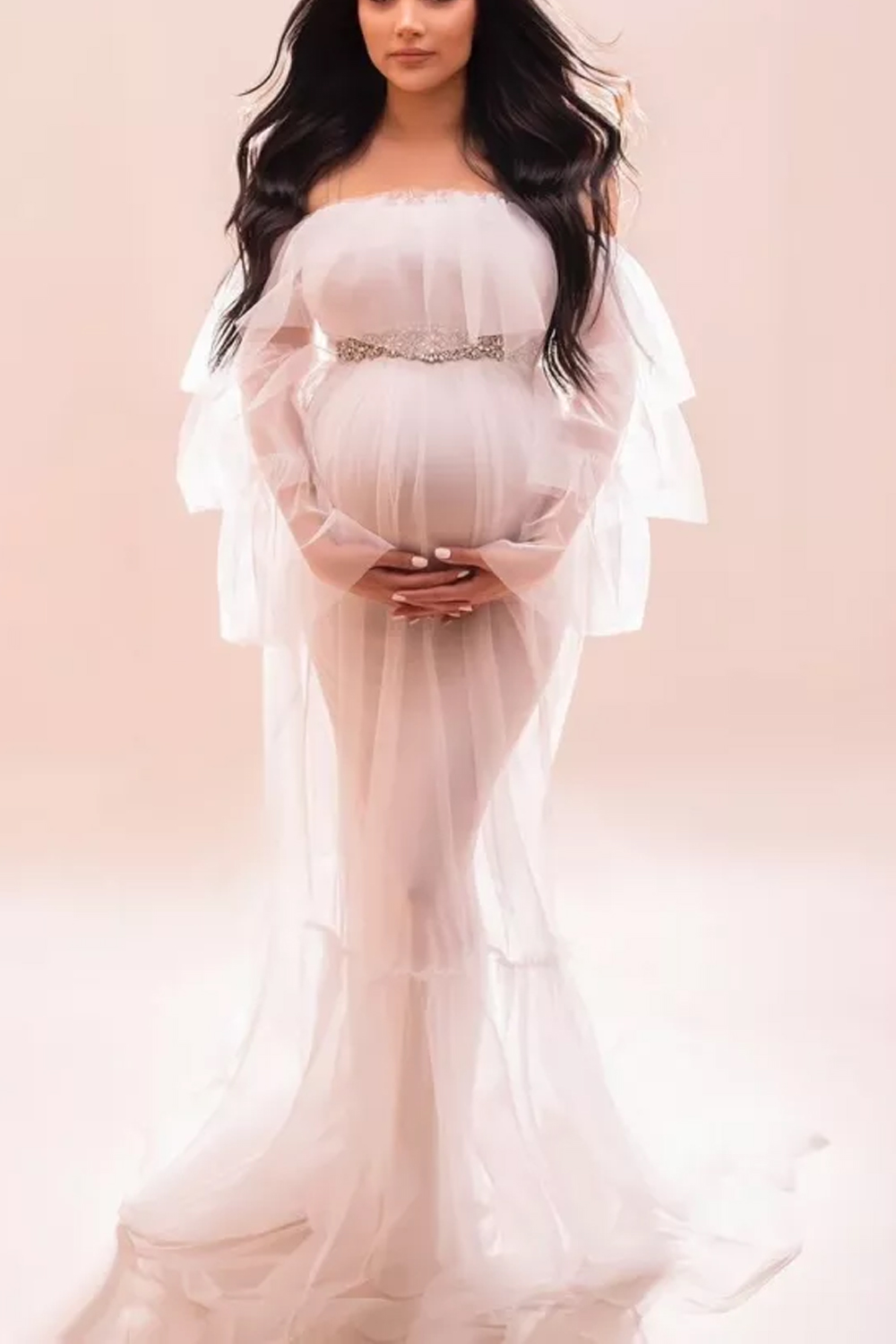 Off The Shoulder Tulle Maternity Dress Photo Shoot Women Long Sleeves ...