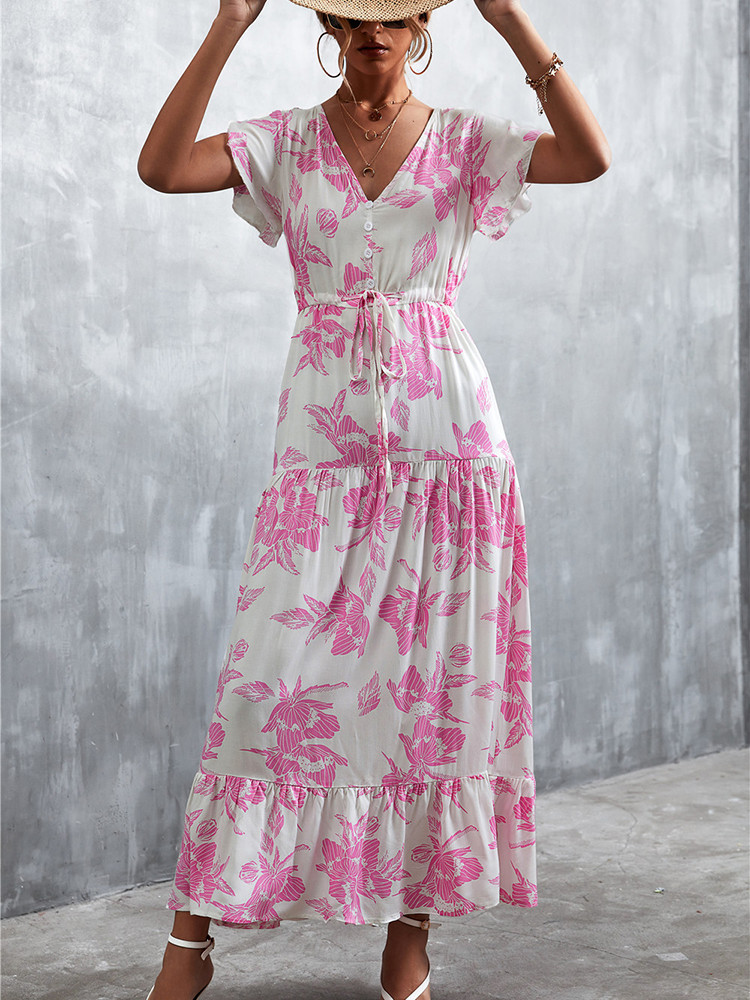 V Neck Floral Print Fashion Ruffle Dress