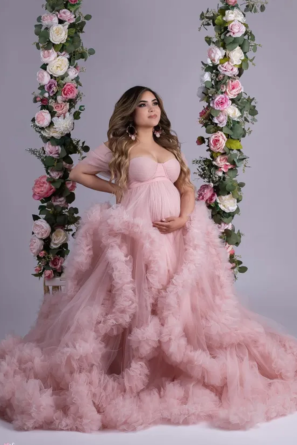 Pink Ruffle Maternity Dress Photo Off Shoulder Prom Party Maternity ...