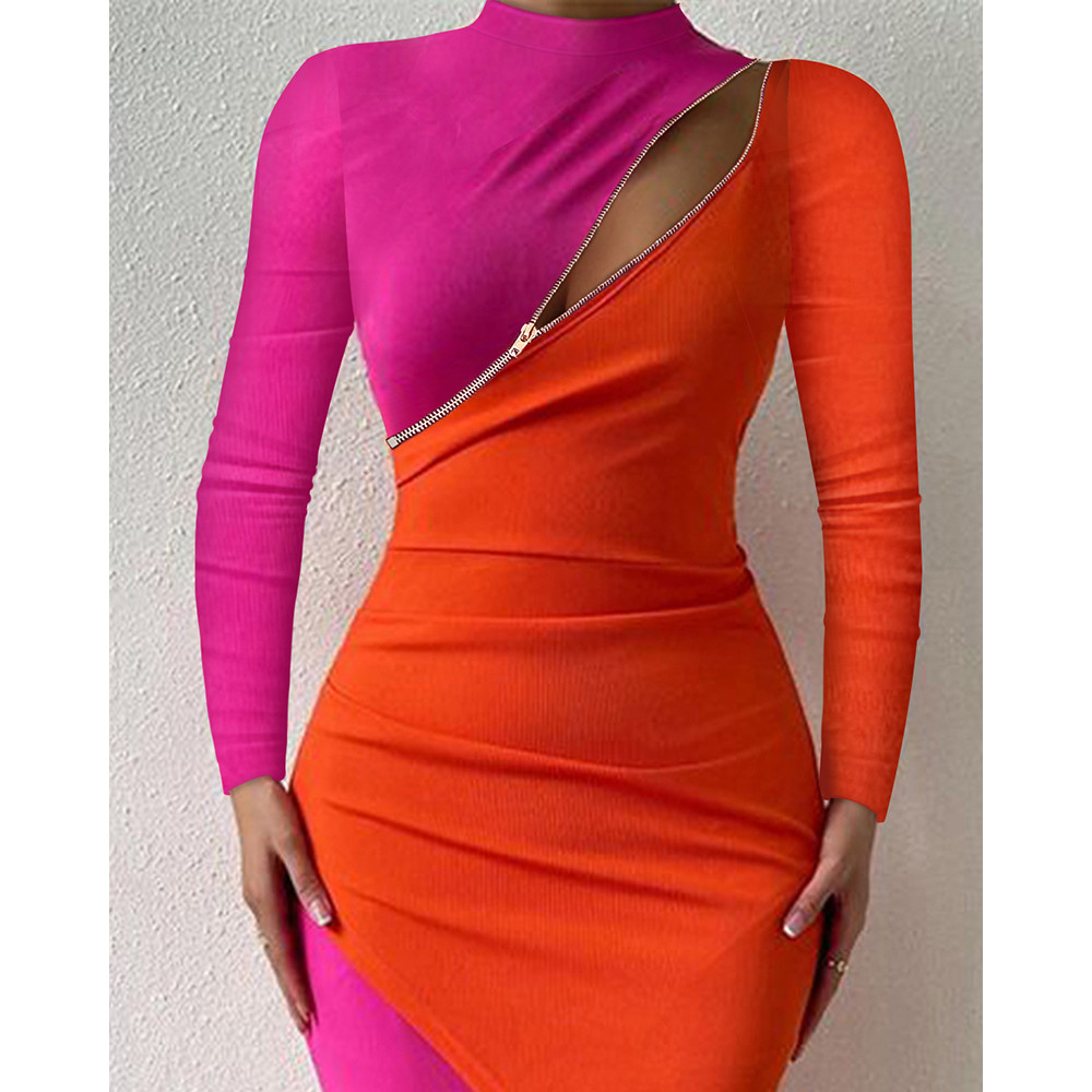 Sexy Women's Colorblock Zipper Sexy Party Bodycon Dress