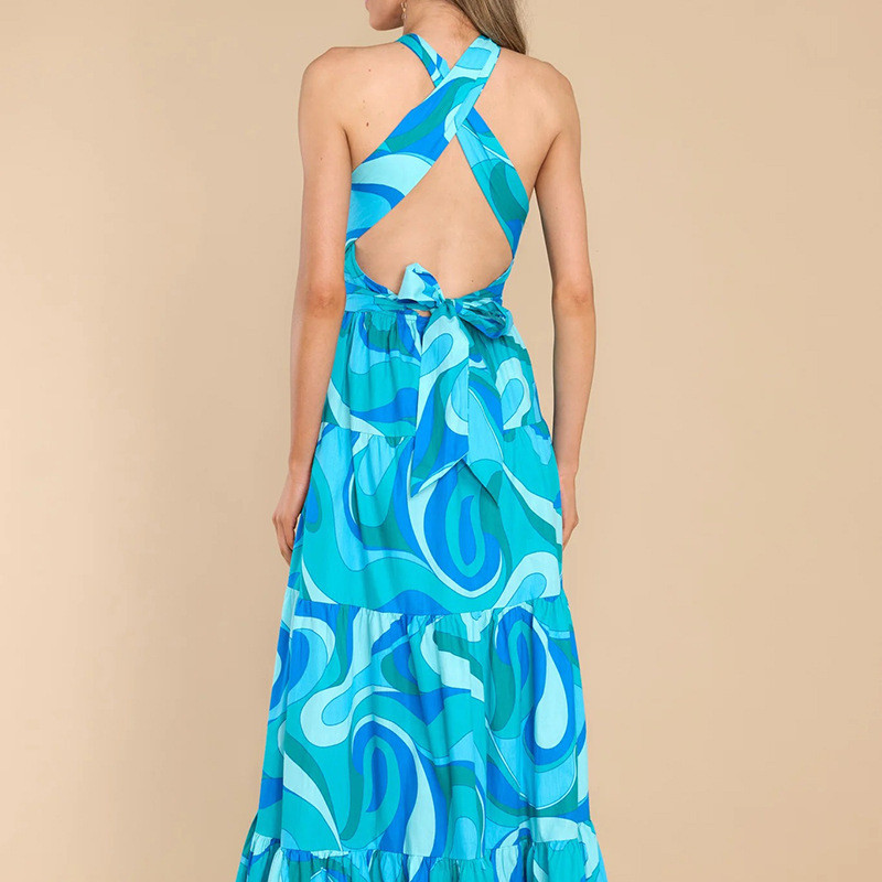 Summer Women's Fashion Print Halter Neck Sexy Backless Ruffled Swing ...