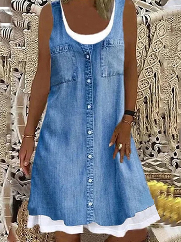 Women's Fashion Paneling Round Neck Printed Faux Denim Casual Dress