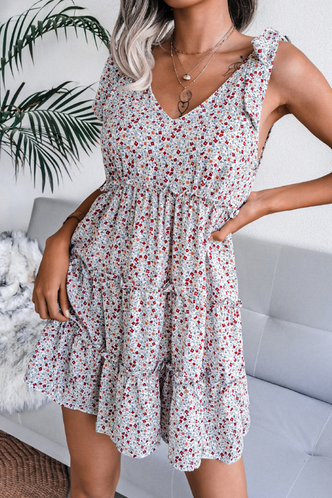 Casual Sweet Floral Strap Design Stringy Selvedge V Neck A Line Dresses ...