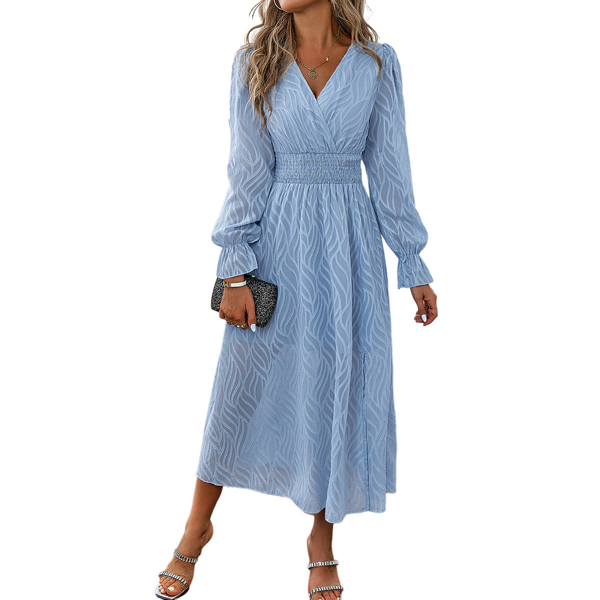 Women's Elegant Solid Color Jacquard Long Sleeve Maxi Dress