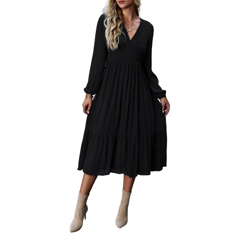 Elegant V-neck Long-sleeved Solid Color Midi Dress