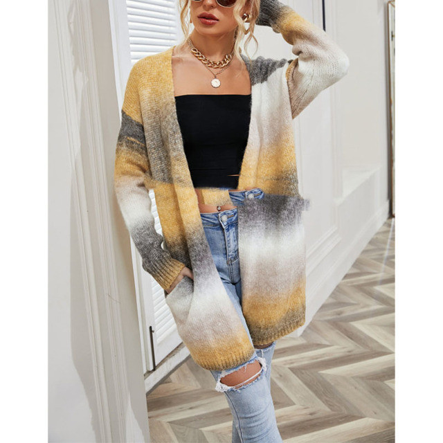 New Women's Fashionable Rainbow Long Sleeve Loose Casual Cardigan