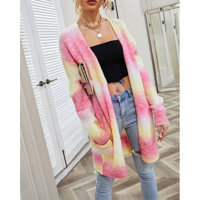 New Women's Fashionable Rainbow Long Sleeve Loose Casual Cardigan