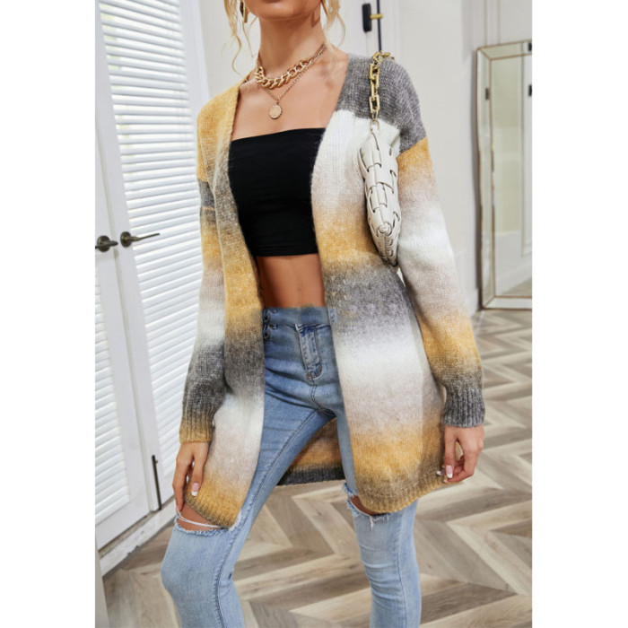 New Women's Fashionable Rainbow Long Sleeve Loose Casual Cardigan