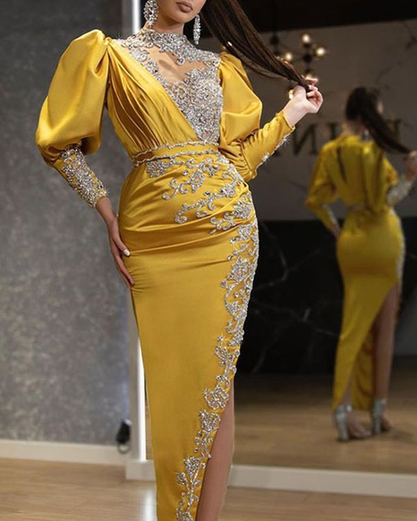 Women's Elegant Applique Embroidery Draped Design Asymmetric Sequined ...