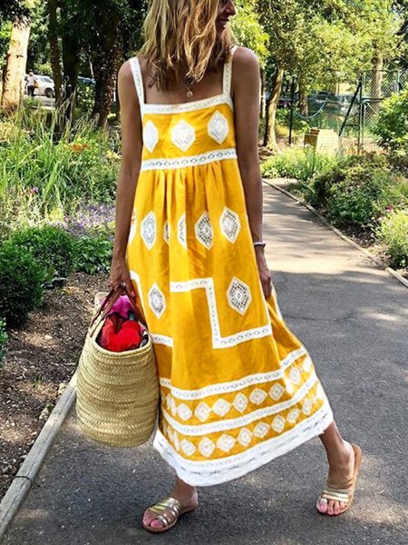 Women Boho Holiday Graphic Linen Maxi Dress