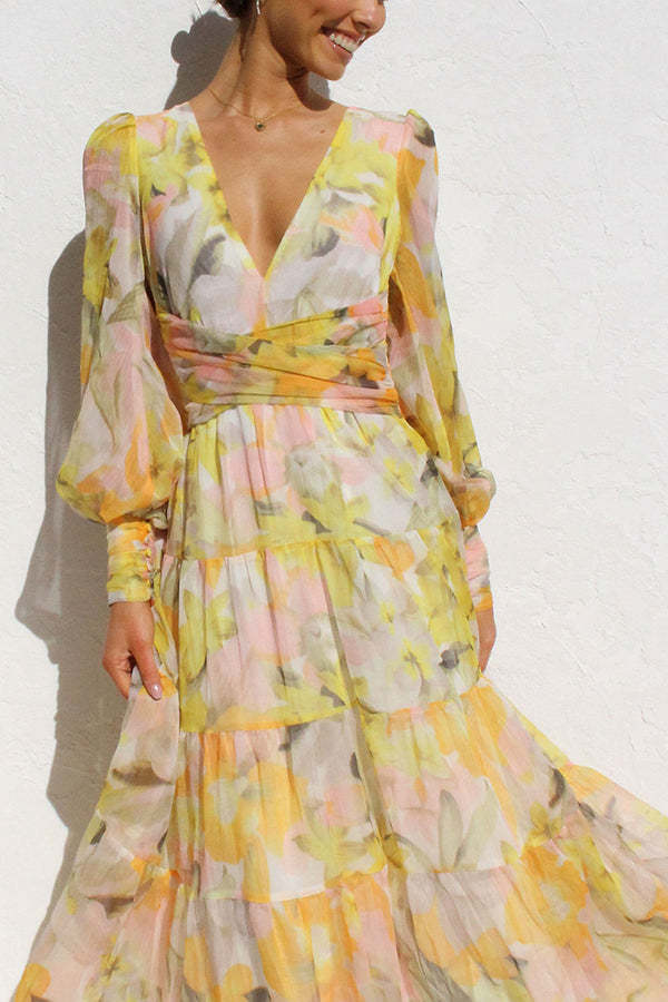 Abstract Floral Balloon Sleeves Maxi Dress