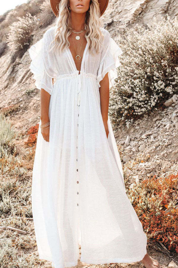 Fairy Air Fluttering V-neck Ruffle Sleeves Dress