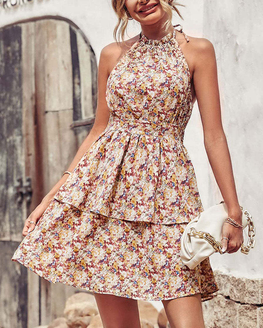 Halter Neck Backless Floral Sleeveless Dress