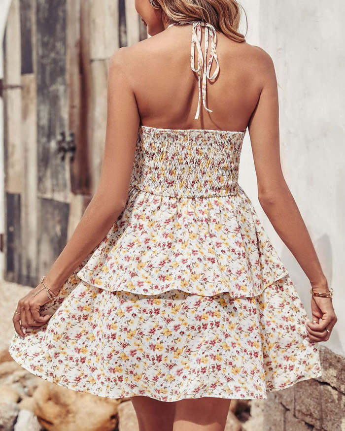 Halter Neck Backless Floral Sleeveless Dress