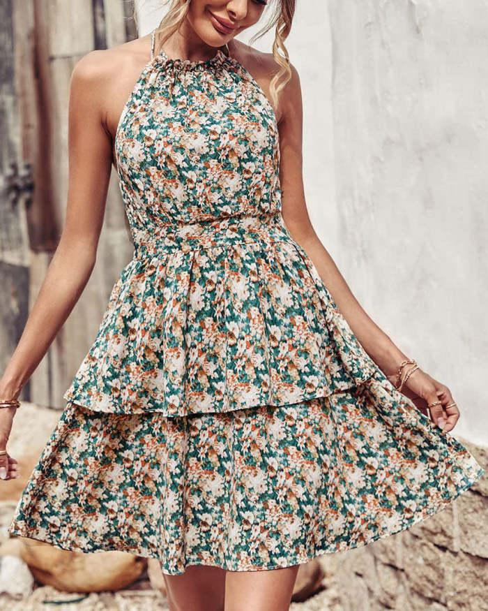 Halter Neck Backless Floral Sleeveless Dress