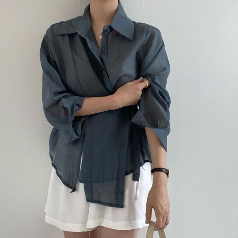 Women's Irregular Blouse – Long Sleeve Loose Button Shirt Top