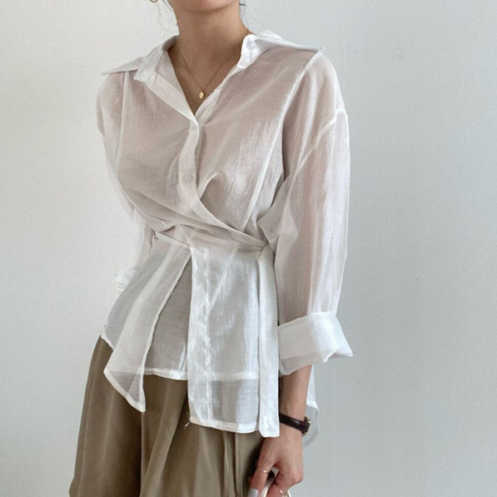Women's Irregular Blouse – Long Sleeve Loose Button Shirt Top