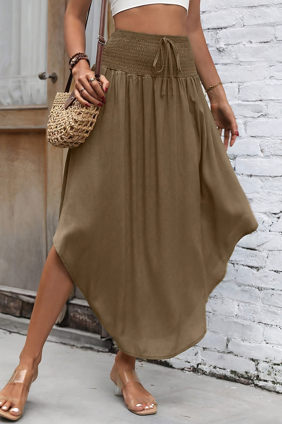 US$ 8.57 - Bohemian Solid Color Elastic High Waisted Skirt - www ...